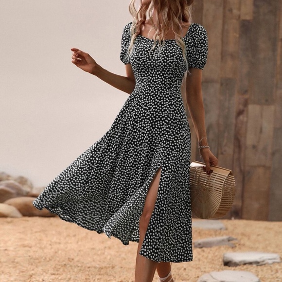 BellanBlue | Dresses | Bohemian Floral Print Puff Sleeve Midi Dress ...